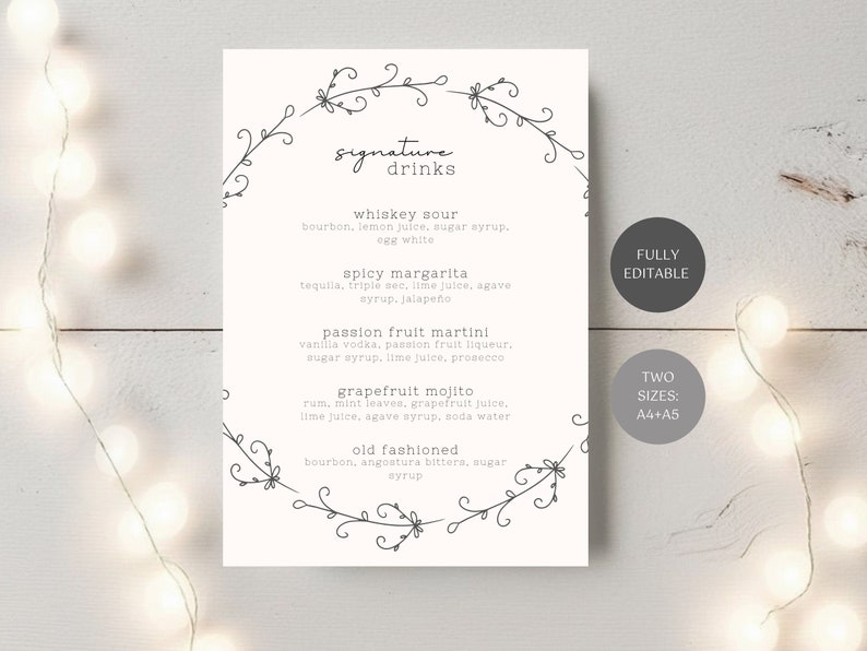 Drinks Menu Template, Floral Signature Cocktail List, Customisable ...