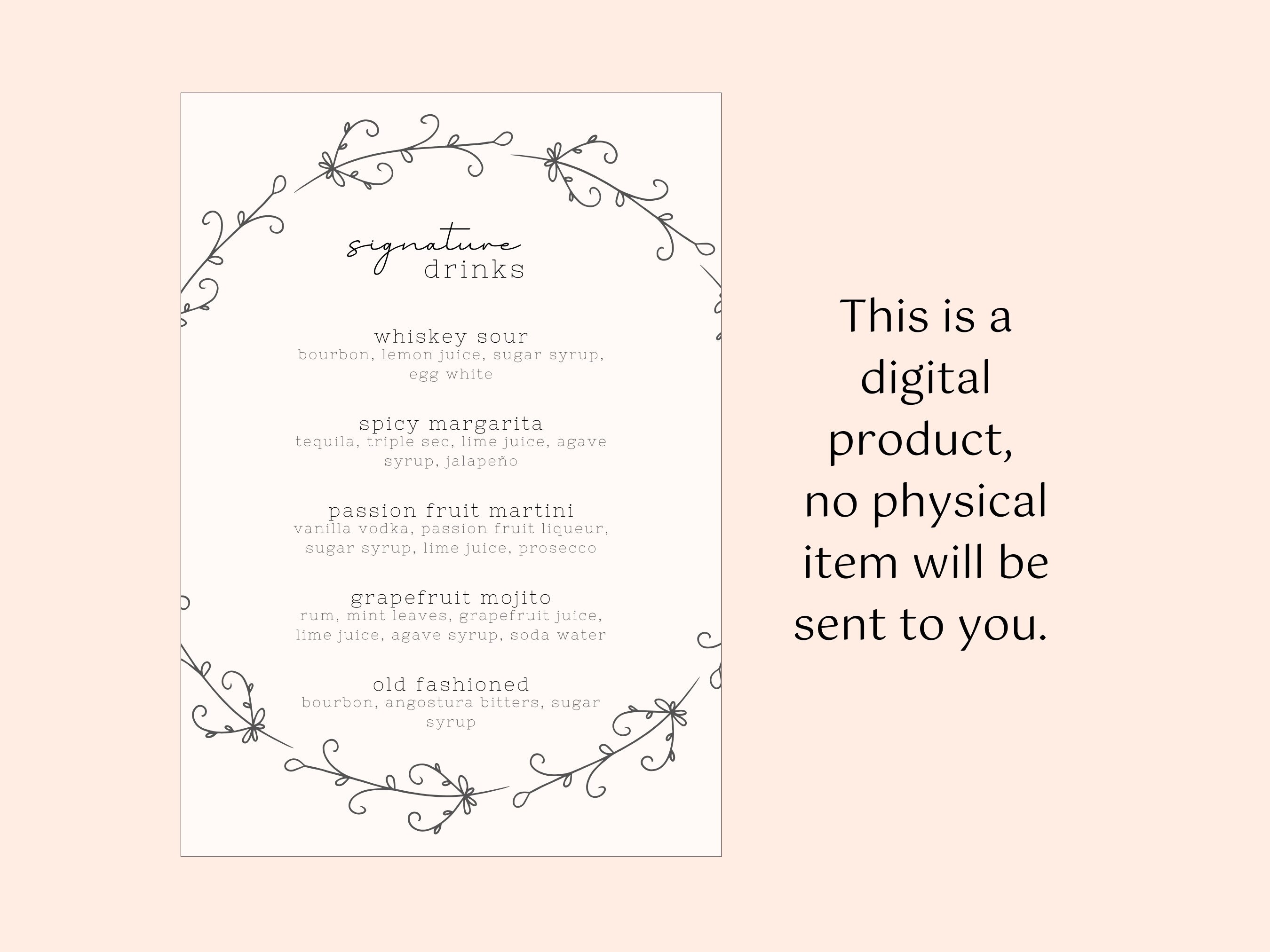 Drinks Menu Template, Floral Signature Cocktail List, Customisable ...