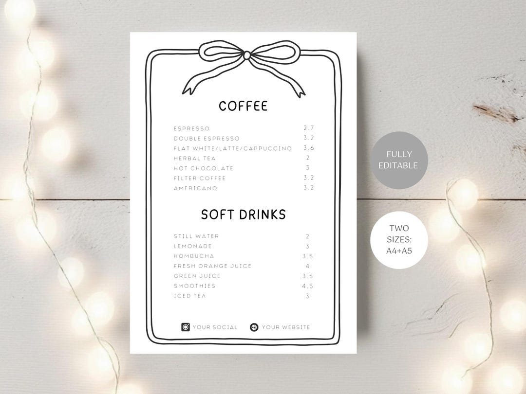 Cafe Menu Editable, Coffee + Soft Drinks Menu Template, Neutral Colours ...