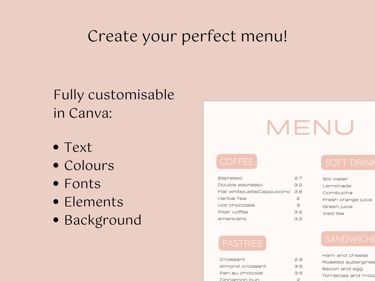 Cafe Menu Template, Food + Drinks, Editable Coffee Shop Restaurant ...