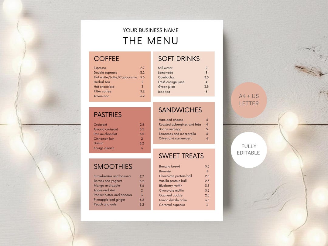 Cafe Menu Template Editable, Food + Drinks, Coffee Shop Restaurant ...
