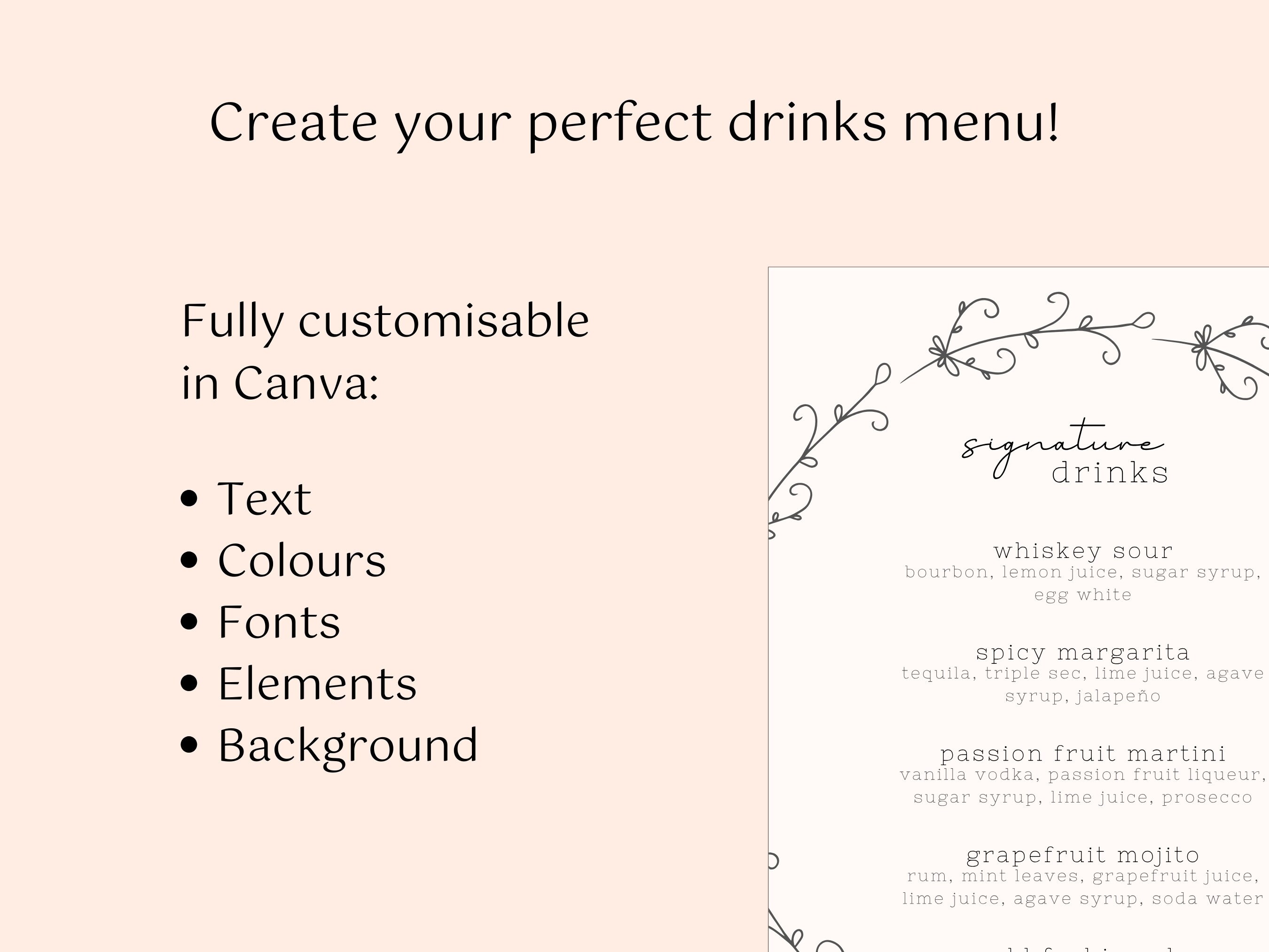 Drinks Menu Template, Floral Signature Cocktail List, Customisable ...