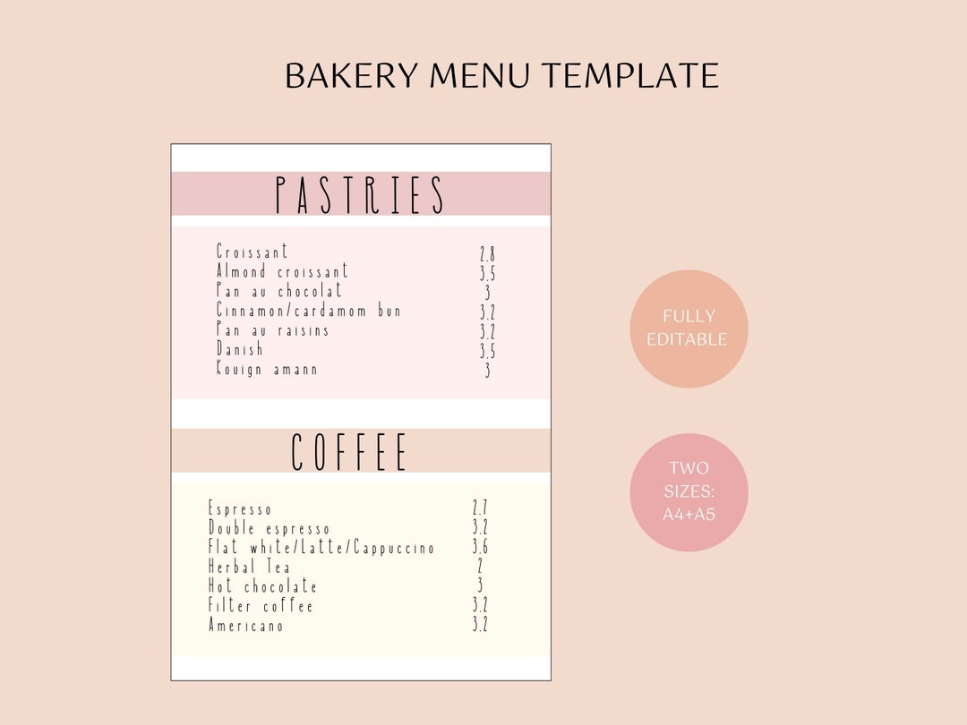 Bakery Menu Editable, Cafe Bakery Price List Template, Pastry Cakes ...