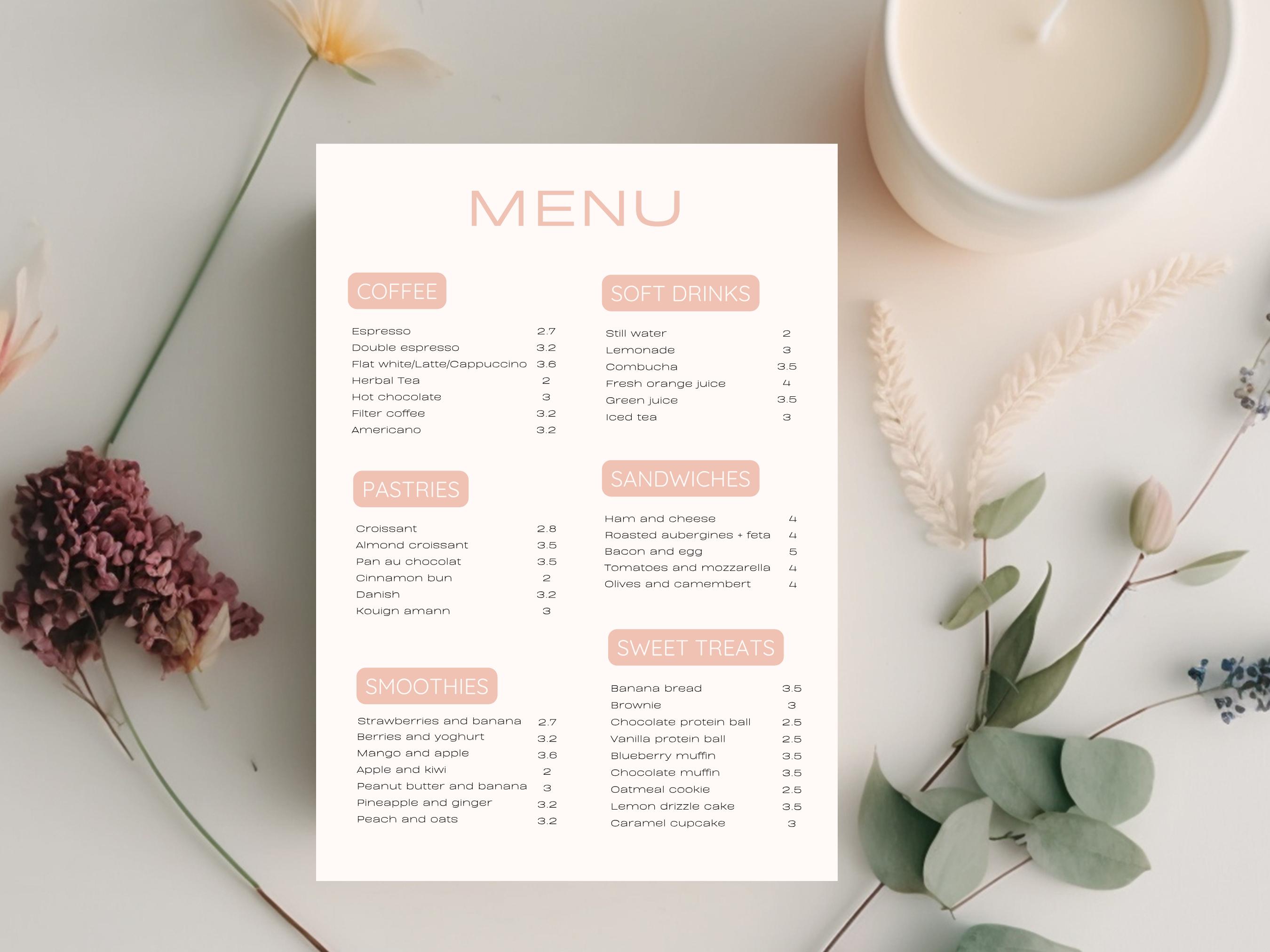 Cafe Menu Template, Food + Drinks, Editable Coffee Shop Restaurant ...