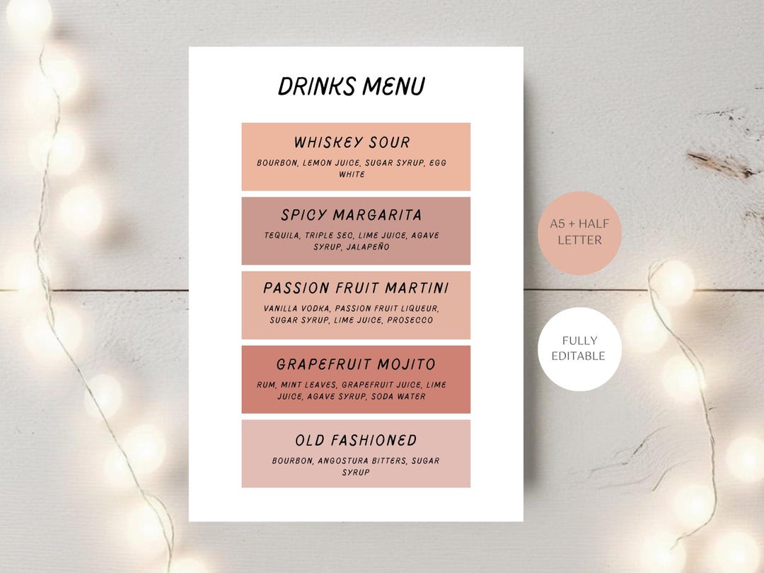 Drinks Menu Template, Signature Cocktail List Customisable, Editable ...