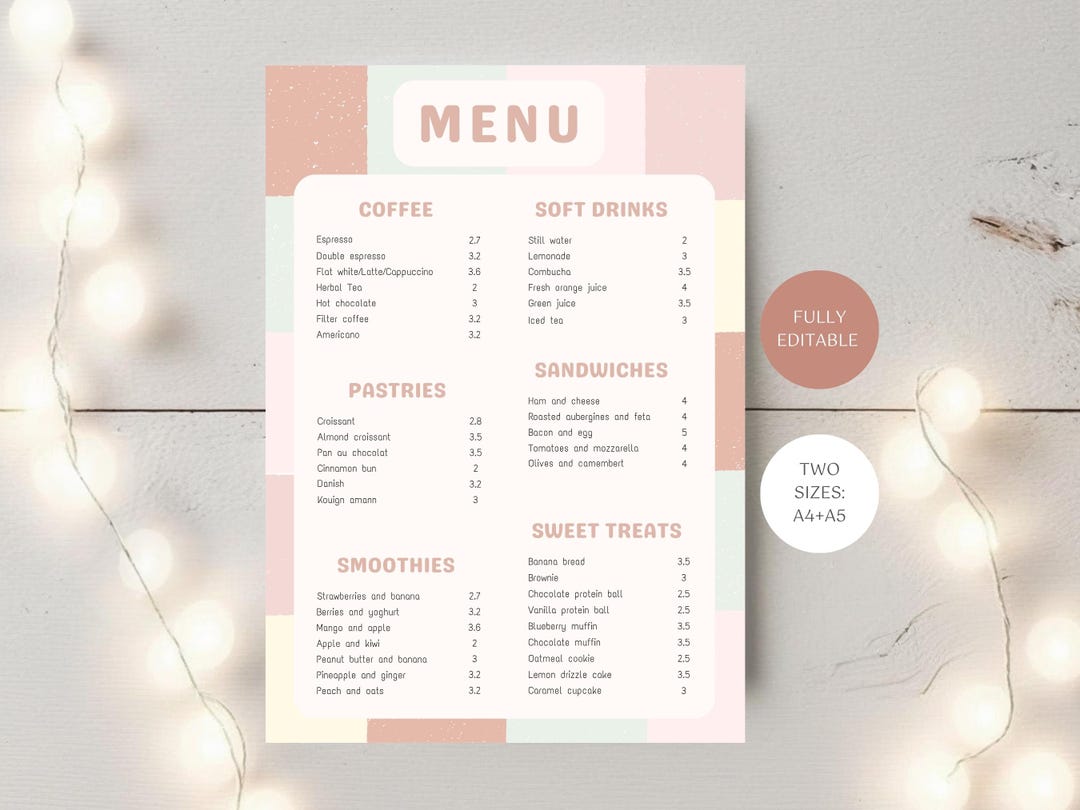 Cafe Menu Template, Food + Drinks, Editable Coffee Shop Restaurant ...