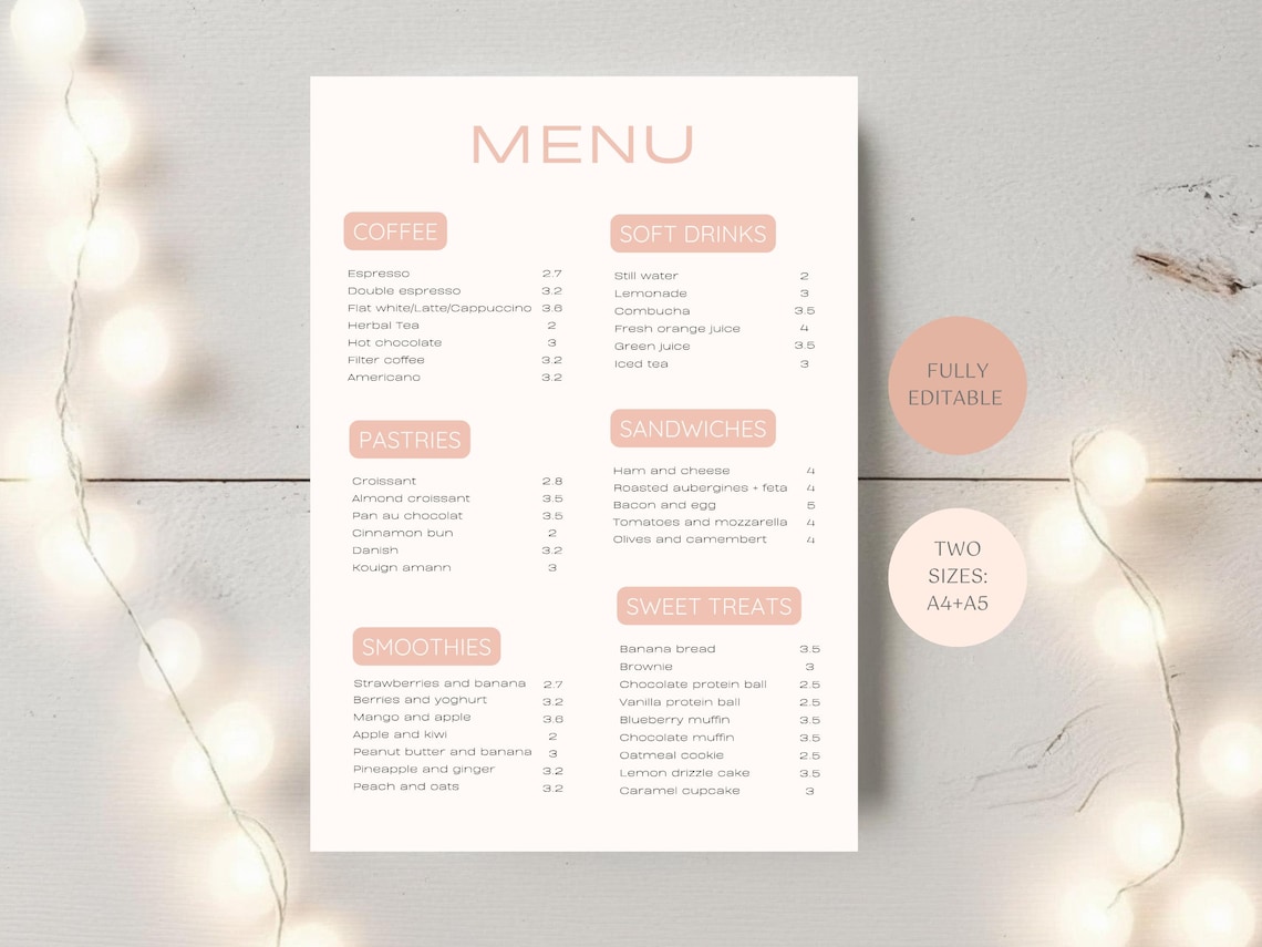 Cafe Menu Template, Food + Drinks, Editable Coffee Shop Restaurant ...