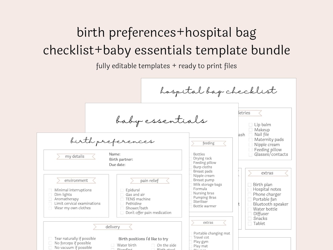 Birth Plan Hospital Bag Checklist Baby Essentials Bundle - Etsy