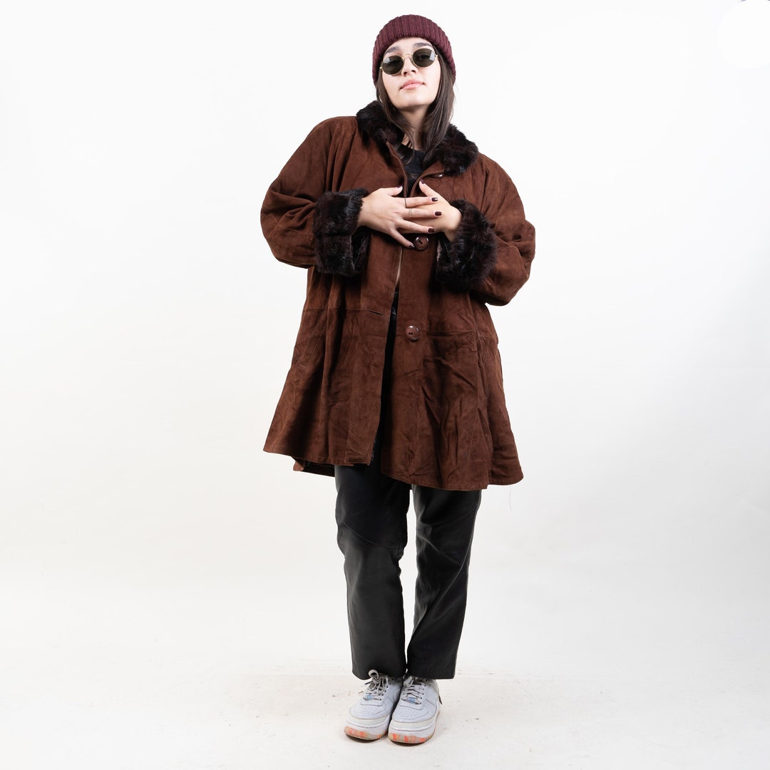 Vintage Velor Leather Parka Fur Hem and Sleeves Bronze Brown Oversized ...