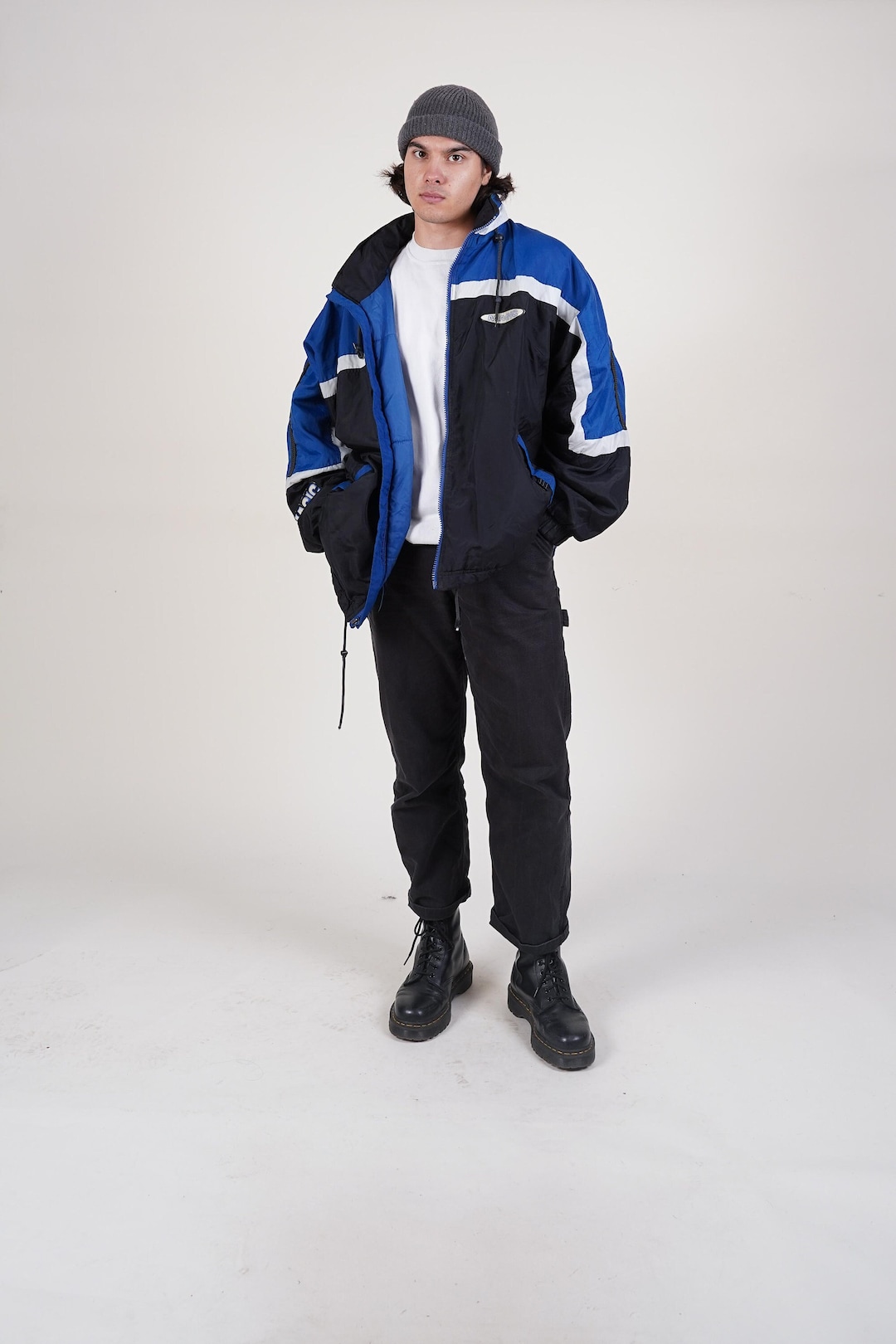 Vintage Winter Outdoor Jacket Parka Black Blue Lined Crazy Pattern Size ...