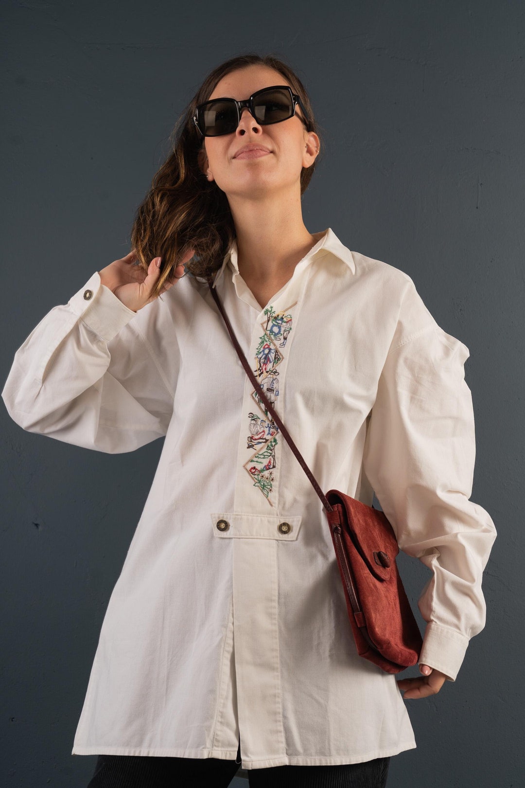 Vintage White Cotton Shirt Long Sleeved Oversized With Embroiled ...