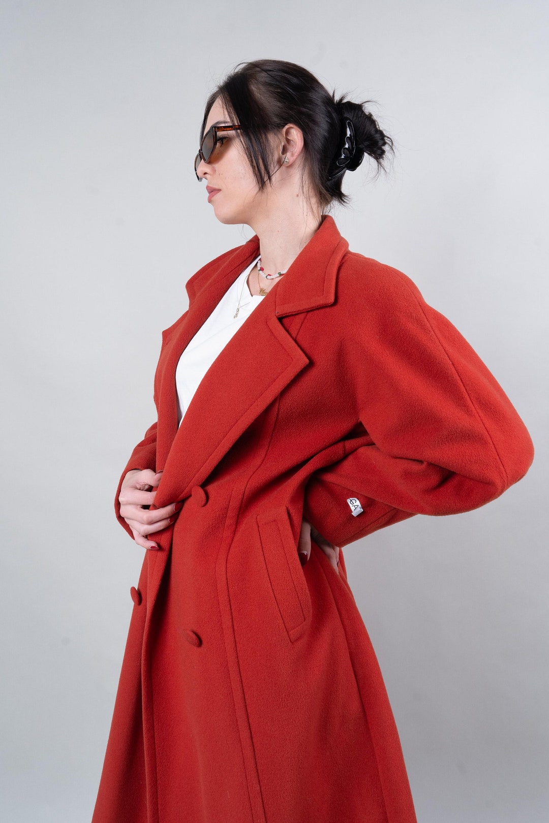 Vintage Red Coat Double Breasted Size L Wool Blend 80s 90s Trench0181 ...