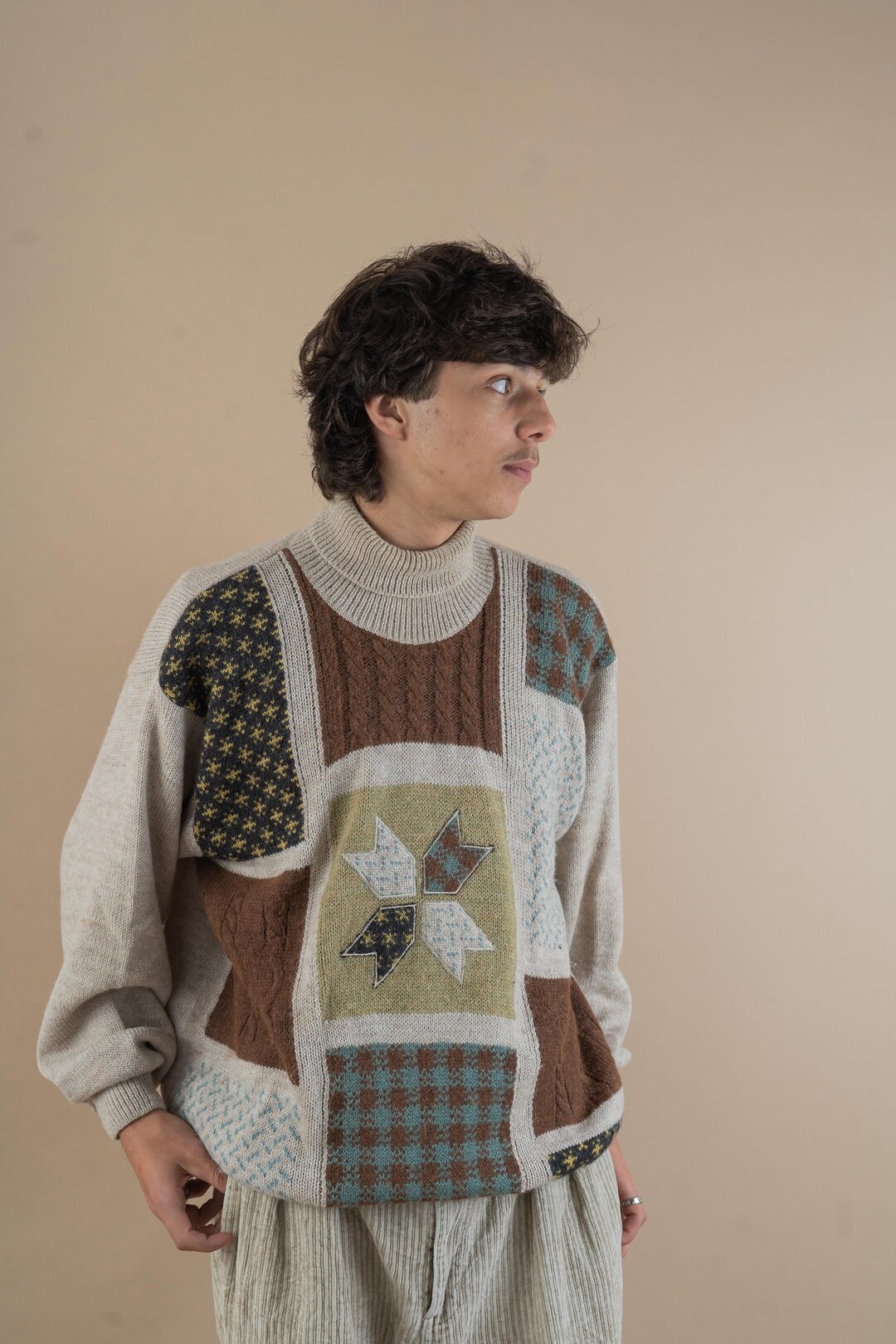 Vintage High Neck Grandpa Sweater Knitted Crazy Abstract Pattern Brown ...