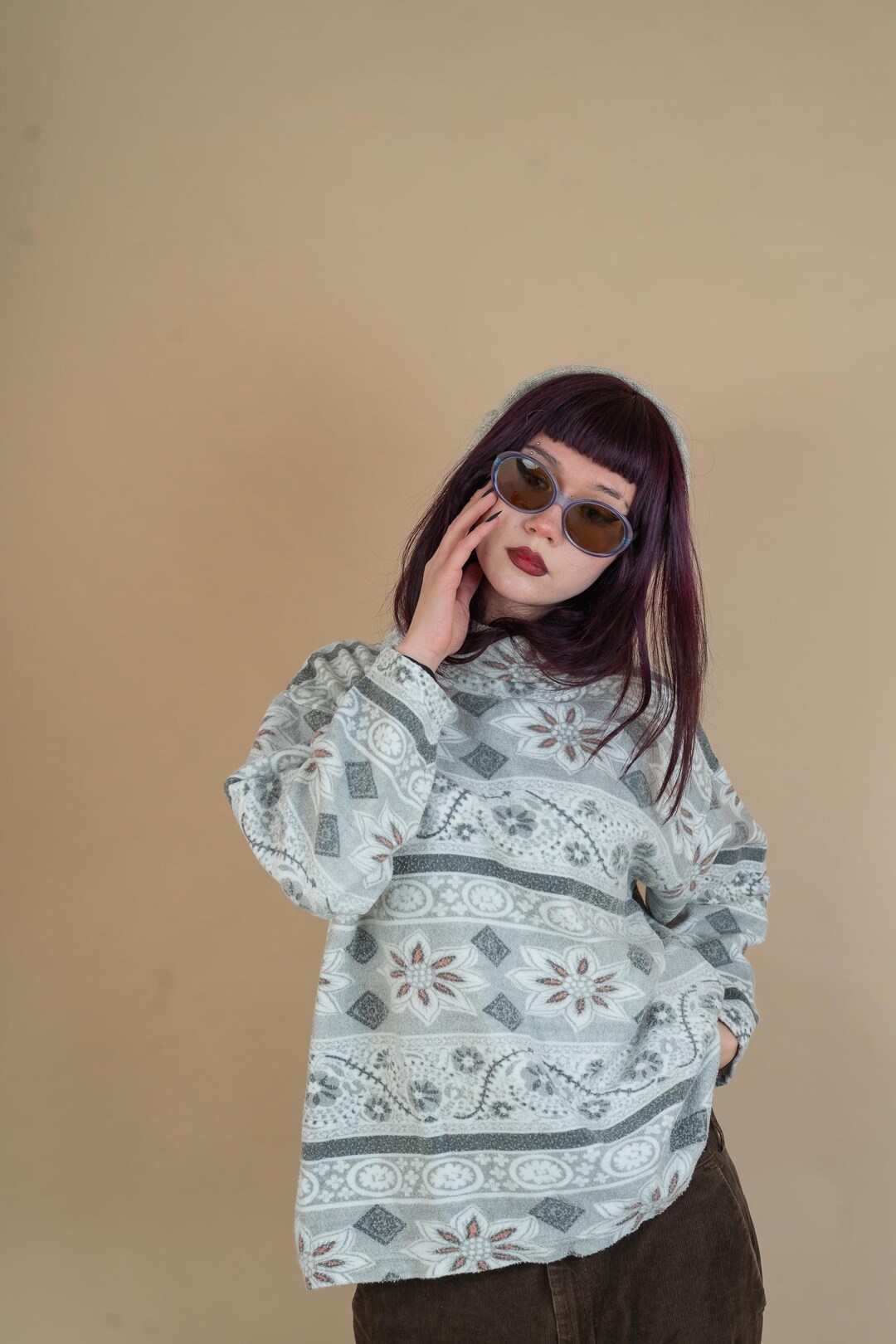 Vintage Fleece Jumper Pullover White Gray Abstract Pattern 80s ...