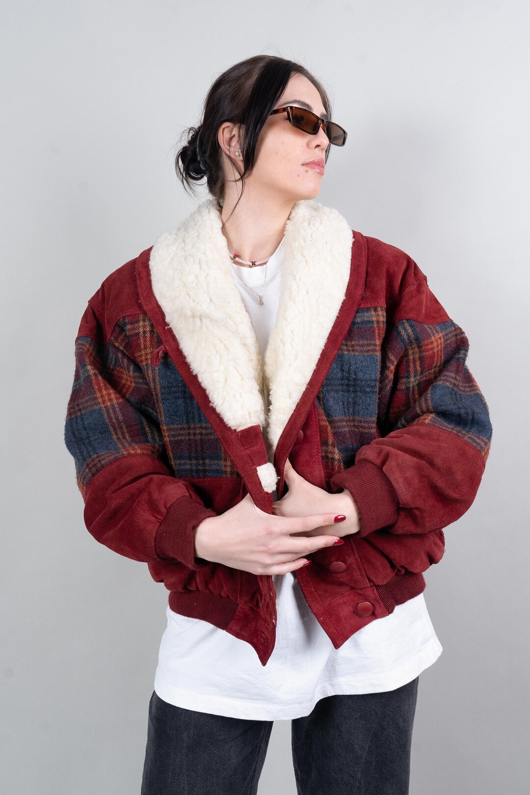 Vintage Ethno Navajo Bomber Jacket Patchwork Bronze Suede Wool Leather ...