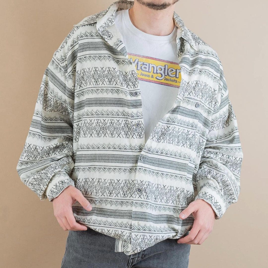 Vintage Cotton / Flannel Shirt Navajo Ethno Pattern Aztec White Cream ...