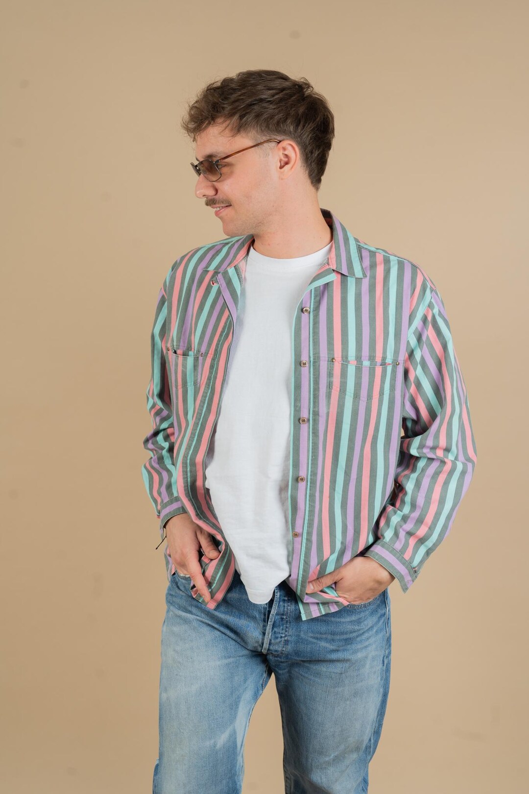 Vintage Cotton Shirt Striped Pattern Gray Size L 80s 90s Graphic Shirt ...