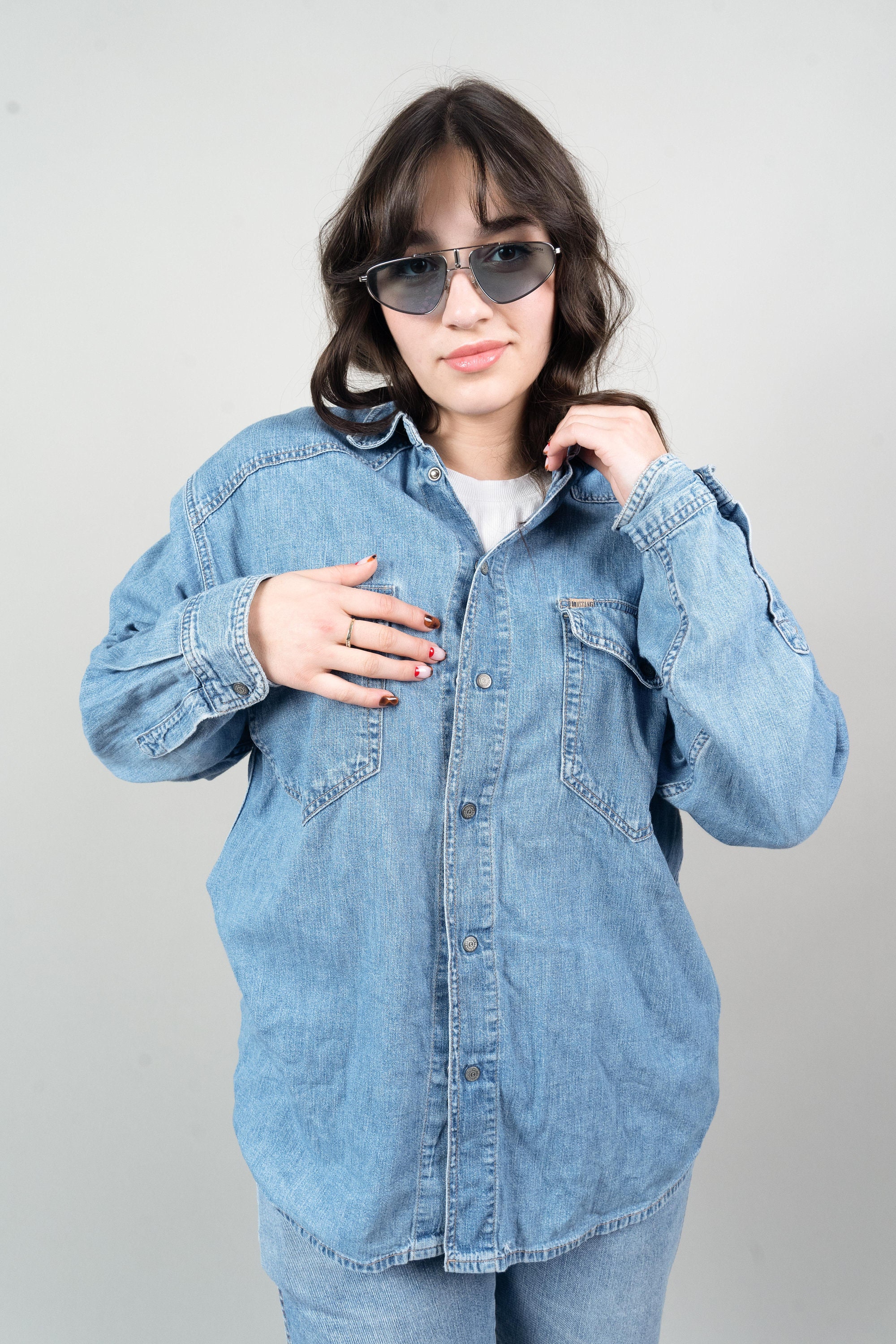 Vintage Mustang Denim Jeans Shirt Dark Blue Wash Gender Neutral Size L ...