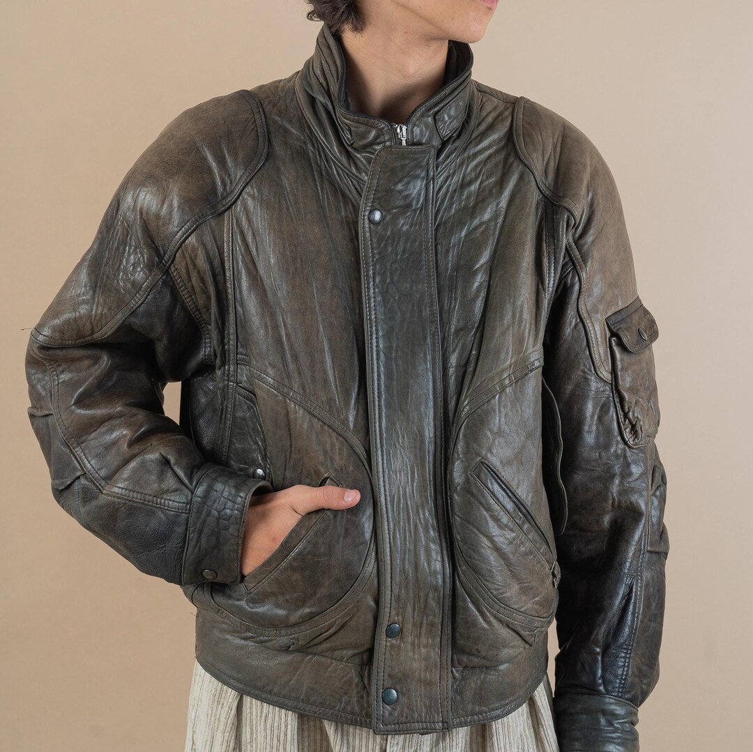 Vintage Leather Jacket Heavy Leather Distressed Jacket Minimalist Brown ...