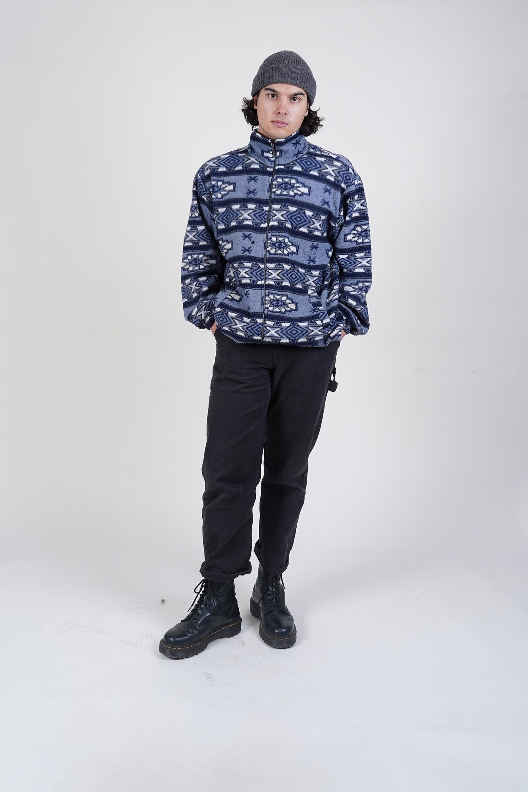 Vintage Fleece Jacket Polar Sweater Blue Crazy Pattern Size L Gender ...