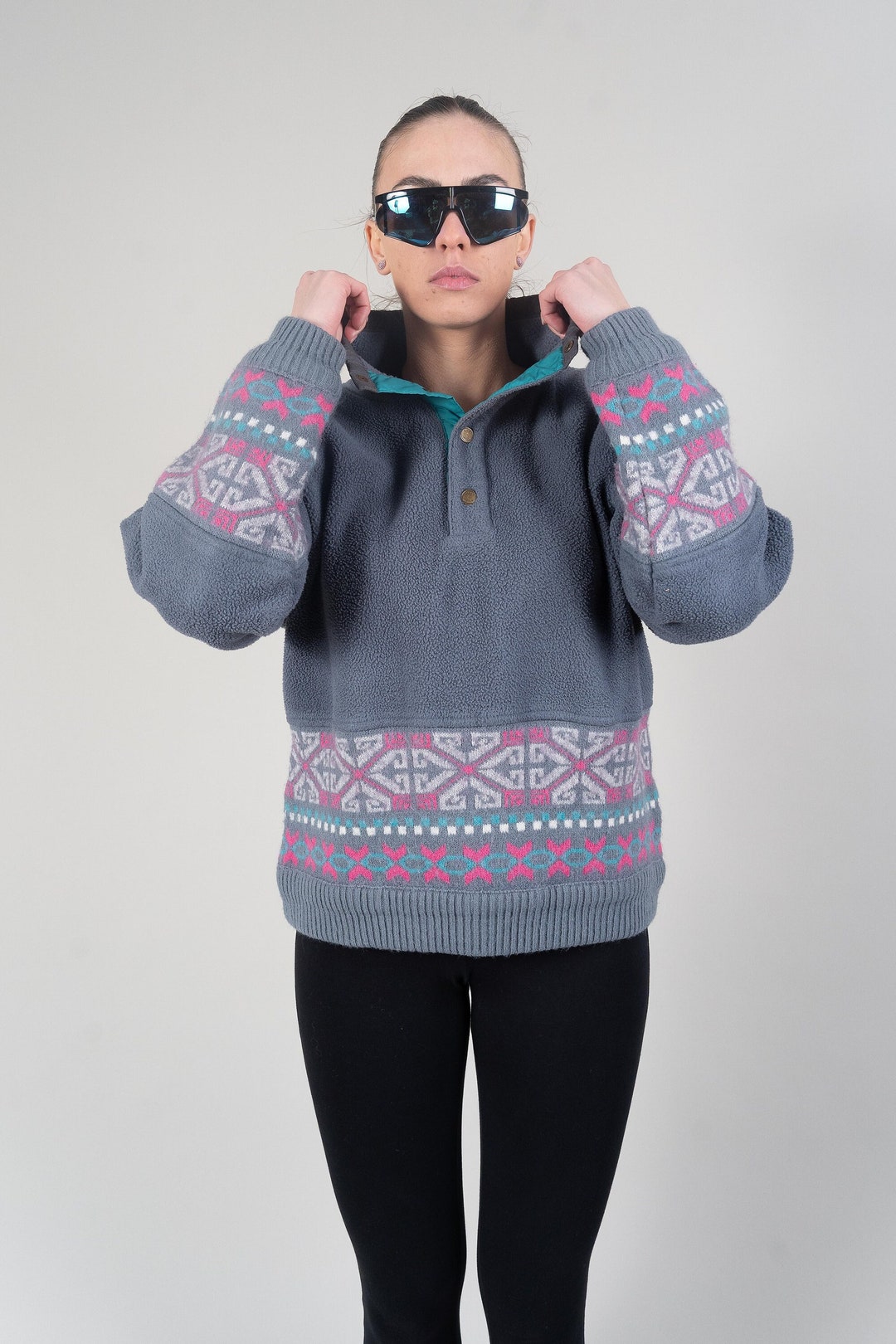 Vintage Polar Fleece Jumper Gray Pastel Funky Crazy Pattern Size L 80s ...