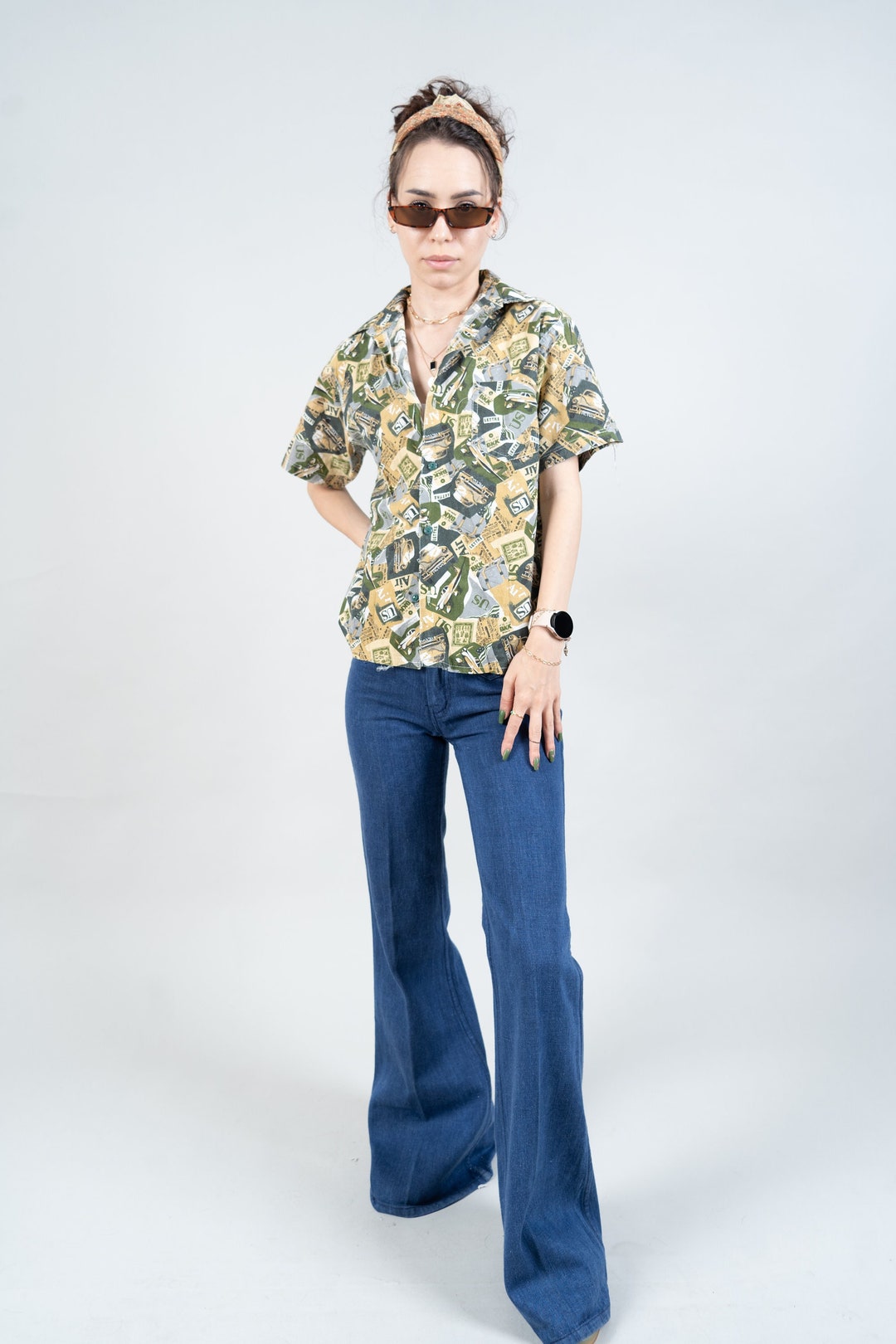 Camisa vintage algodón estampada manga corta patrón loco Talla S - M ...