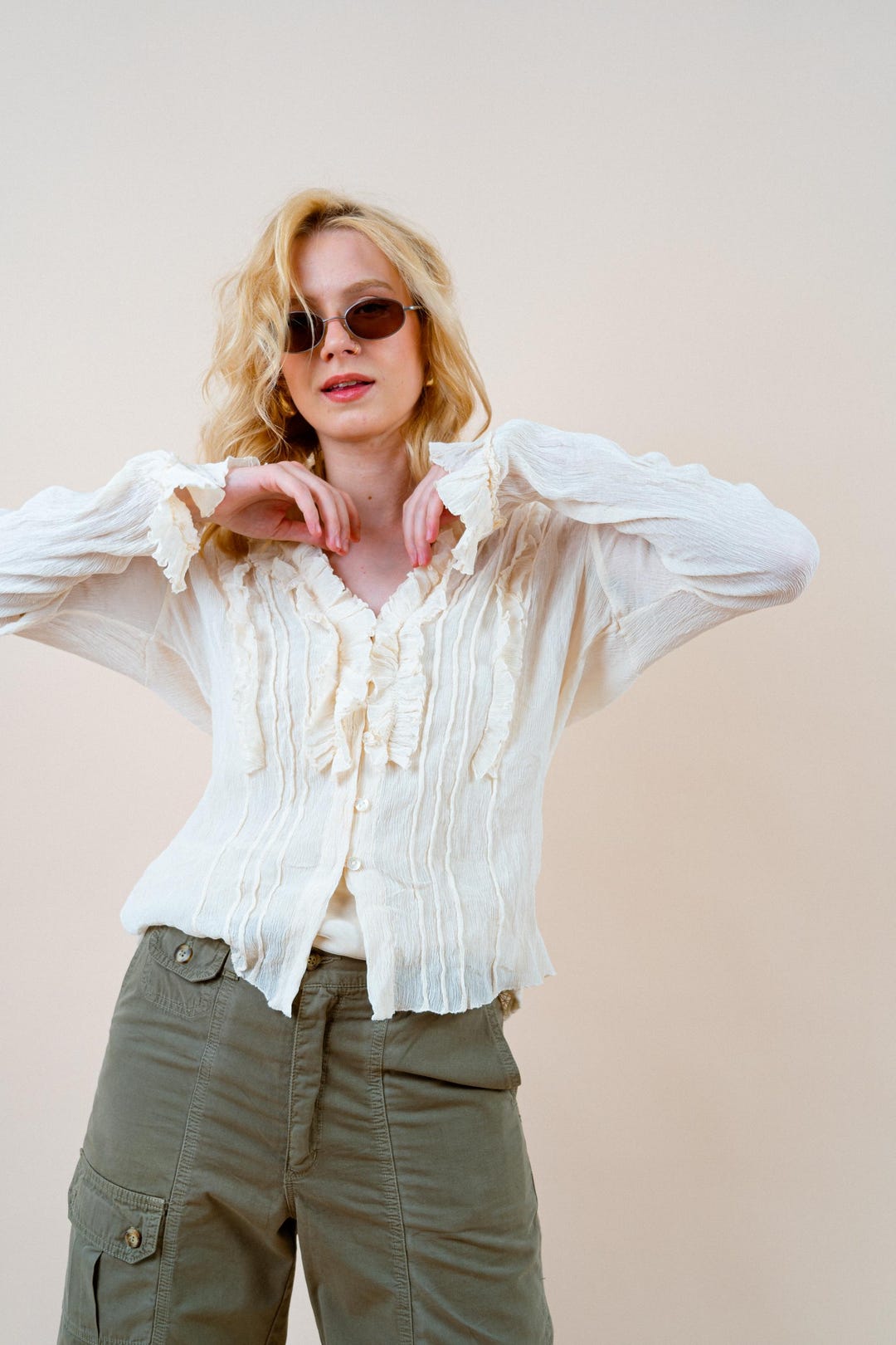 90s Y2K Waisted V-neck Beige Croquette Style Blouse | Boho Chic ...
