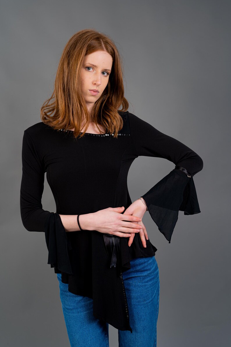 Y2K Vintage Black Whimsgoth Blouse – Wide Sleeves, Transparent ...