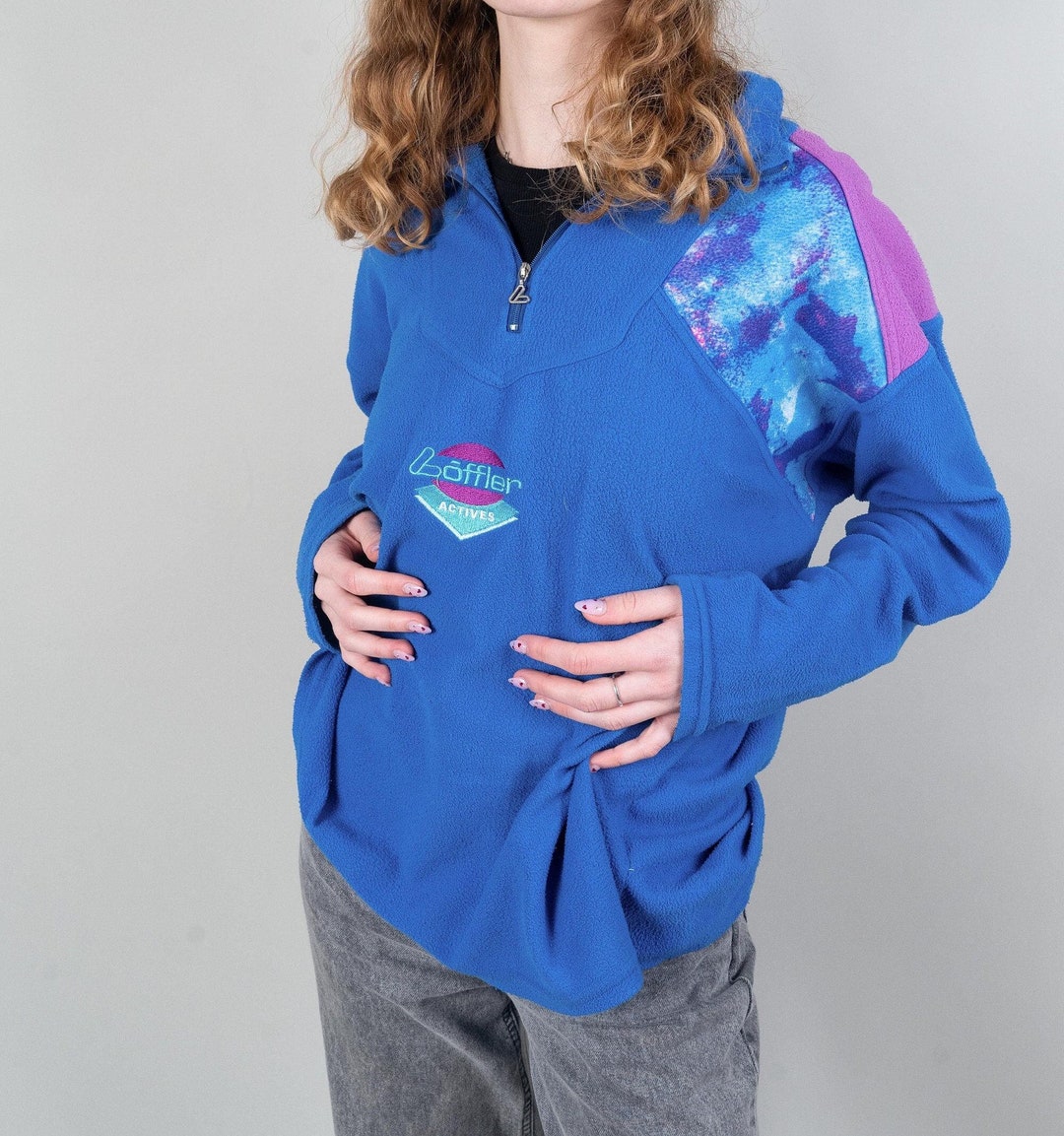 Vintage Löffler Fleece Jumper Sweatshirt Blue Crazy Crazy Pattern Size ...
