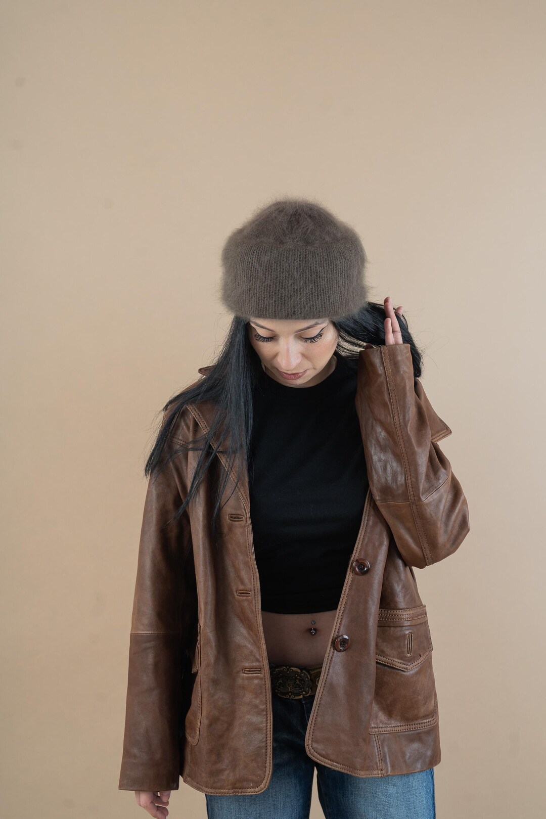 Vintage Leather Jacket Minimalist Brown Size M Genius Leather Button Up ...