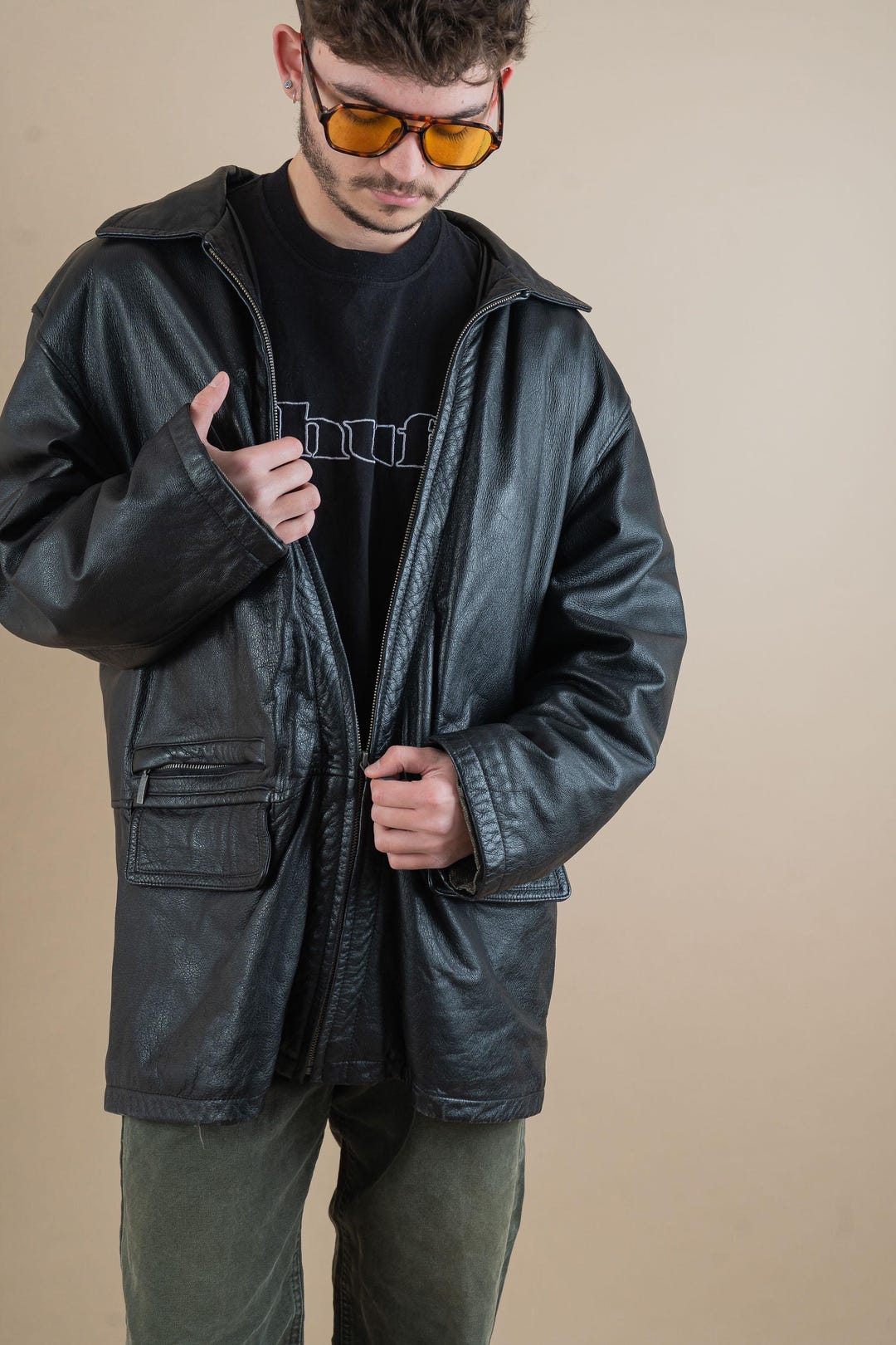 Vintage Leather Jacket Parka Overcoat Black Genuine Soft Leather Jacket ...