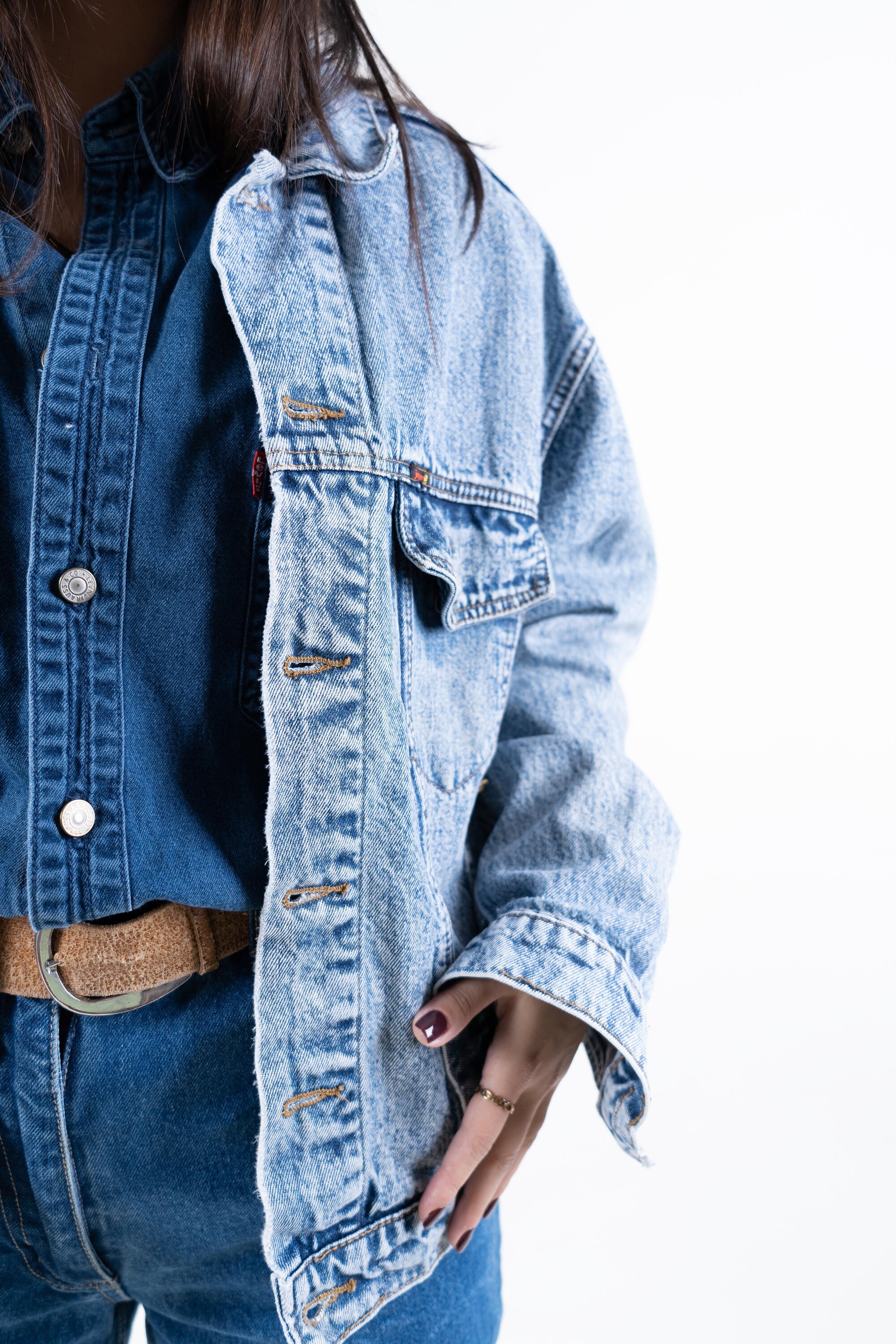 80s Vintage Denim Jacket Dark Blue Size M Jeans Jacket Hard Cotton ...