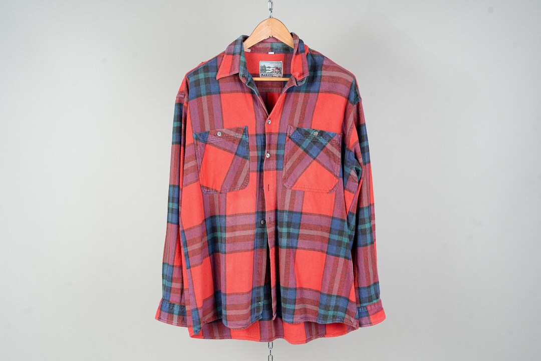 Vintage Lumberjack Shirt Red Gray Check Pattern Size L XL Hard Cotton ...