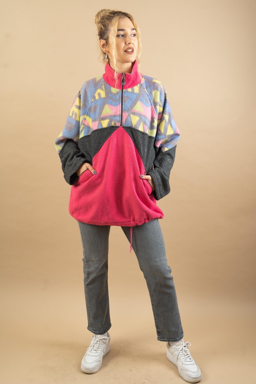 Vintage Fleece Zip up Jumper Gray and Pink Size L Funky Polar Sweater ...