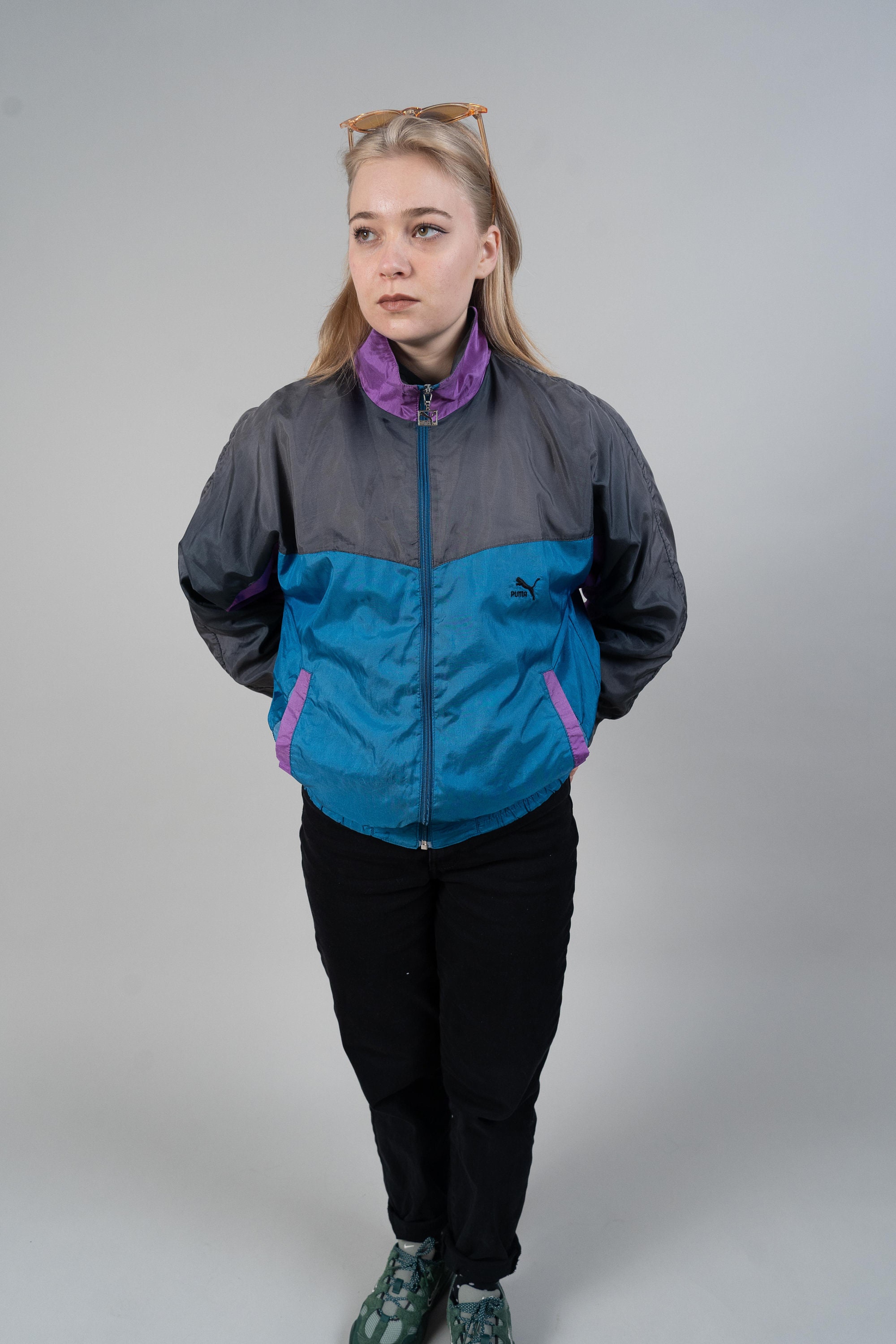 Vintage Puma Windbreaker Jacket Blue Gray Color Block Size L Gender ...