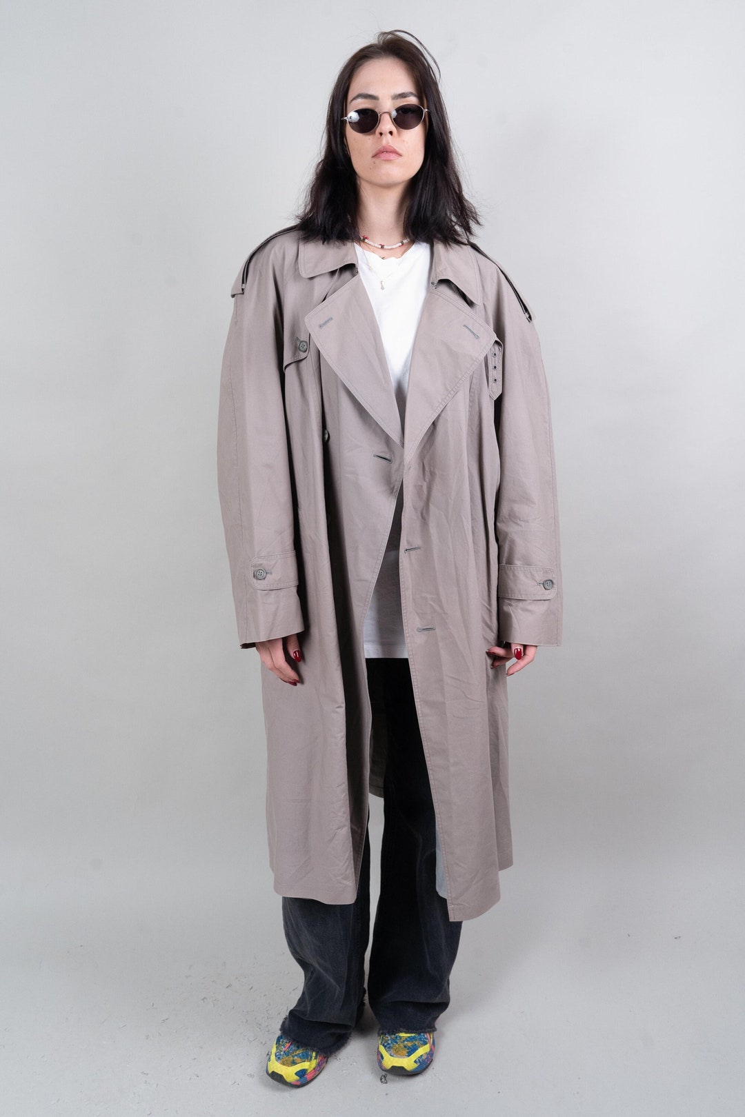 80s Vintage Trench Coat Basic Classic Gray Coat Cotton Size L Oversize ...