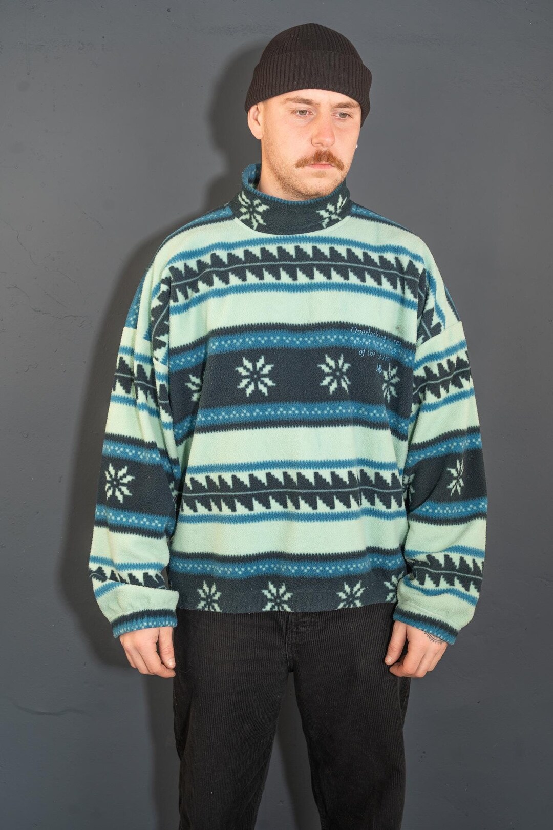 Vintage Polar Fleece Jumper Gray Pastel Green Funky Crazy Pattern Size ...