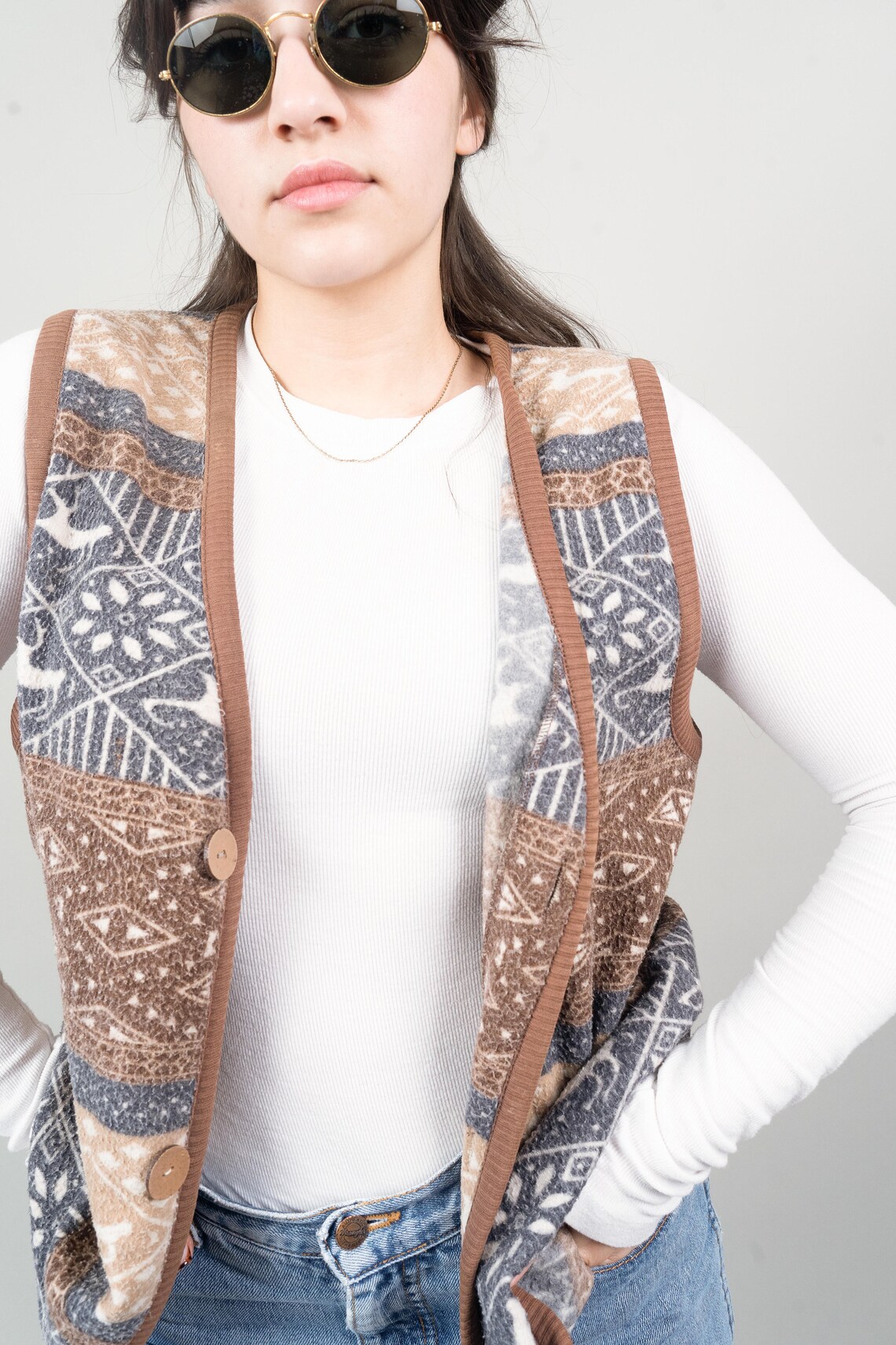 Vintage Shepherd Vest Wool One Size Brown Crazy Pattern Navajo 80s 90s ...