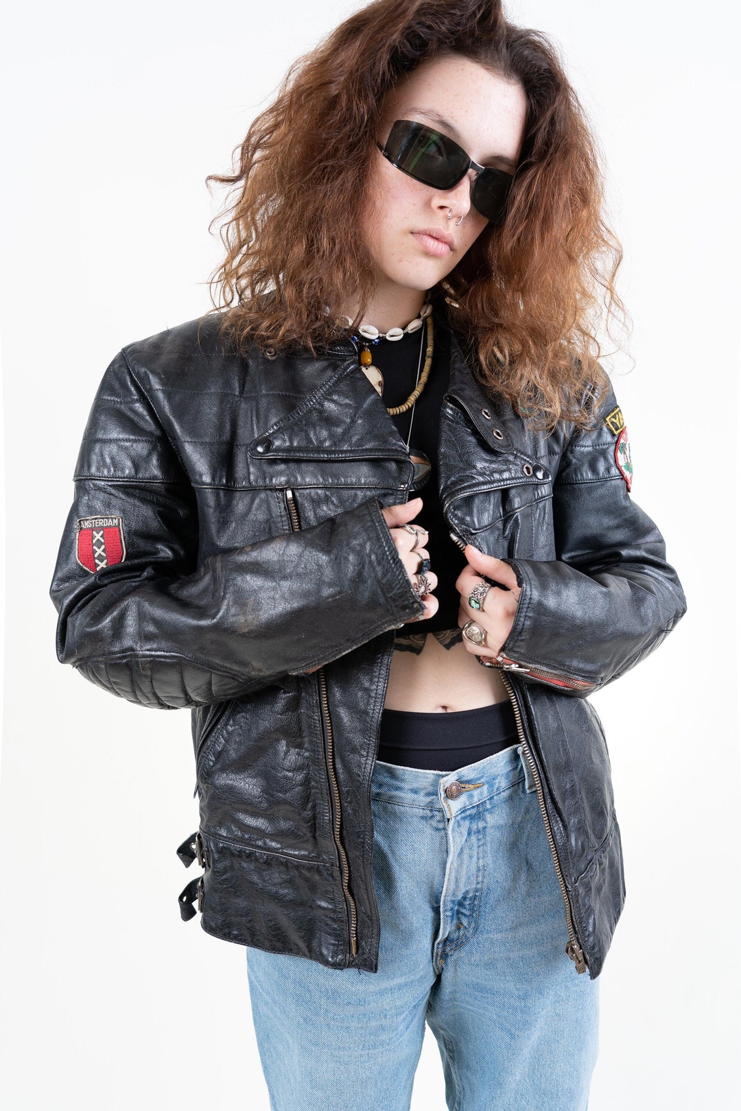 Vintage Leather Biker Jacket Several Patches Distressed Leather Jacket ...