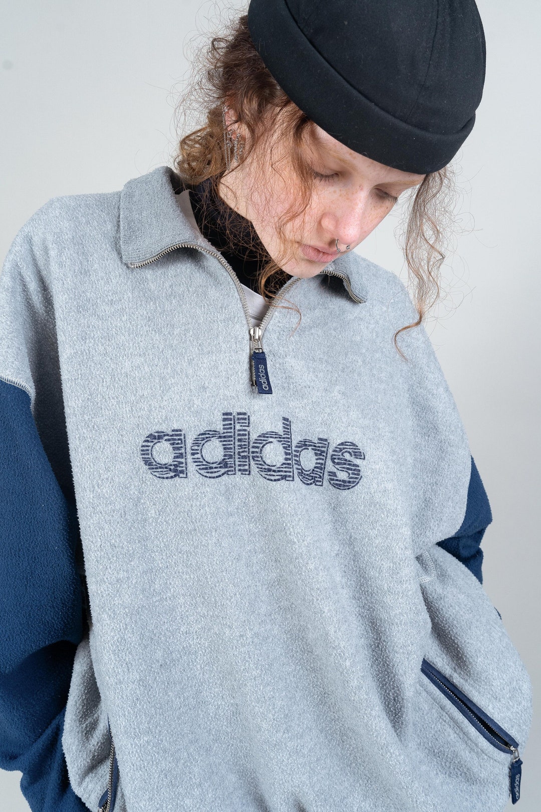 Vintage Adidas Jumper Sweatshirt Fleece Polar Gray and Blue Size L 80s ...
