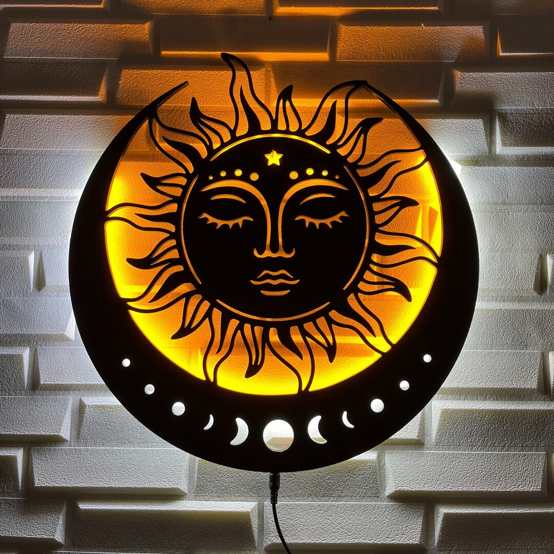 Sun Led Light, Sun Wall Art Wood, Sun Led Sign, Sun and Moon Wall Decor ...