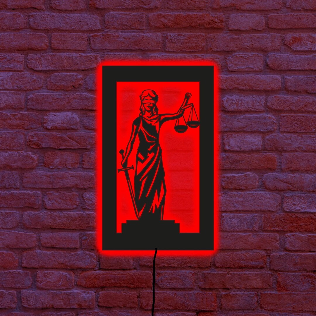Lady Justice Wall Art, Led Wood Sign, Lawyer Office Decor, Themis Wall ...