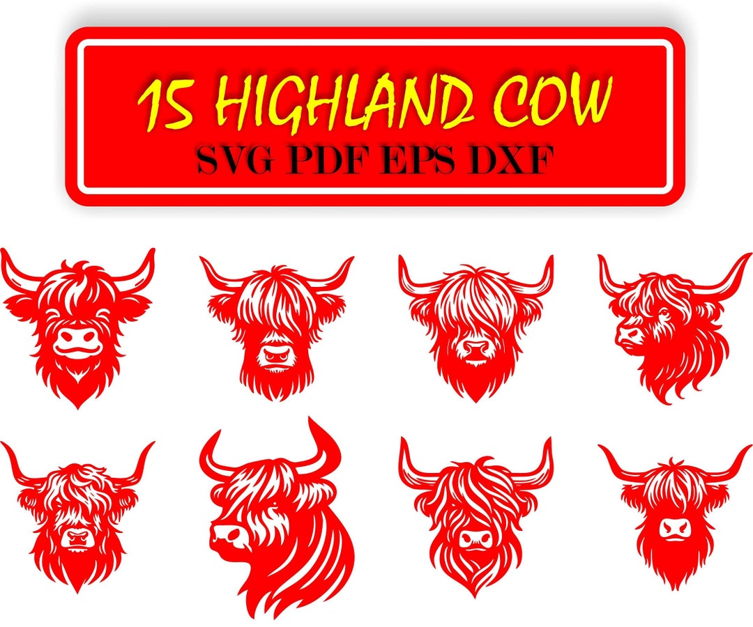 Highland Cow Svg Bundle 15 Vector Designs in Eps, Svg, Pdf, Dxf for ...