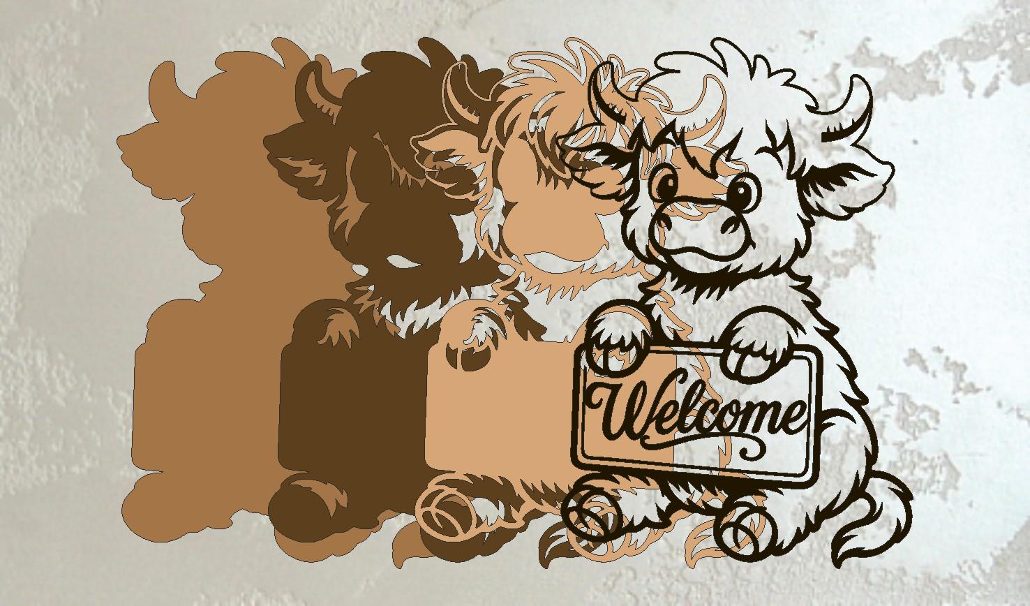 Layered Baby Highland Cow Welcome Sign 3D Svg Pdf Cdr Dxf File for ...