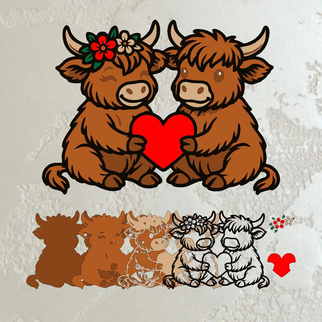 Multilayer Highland Cow Couple SVG, Cute Valentine Cows, Layered Farm ...