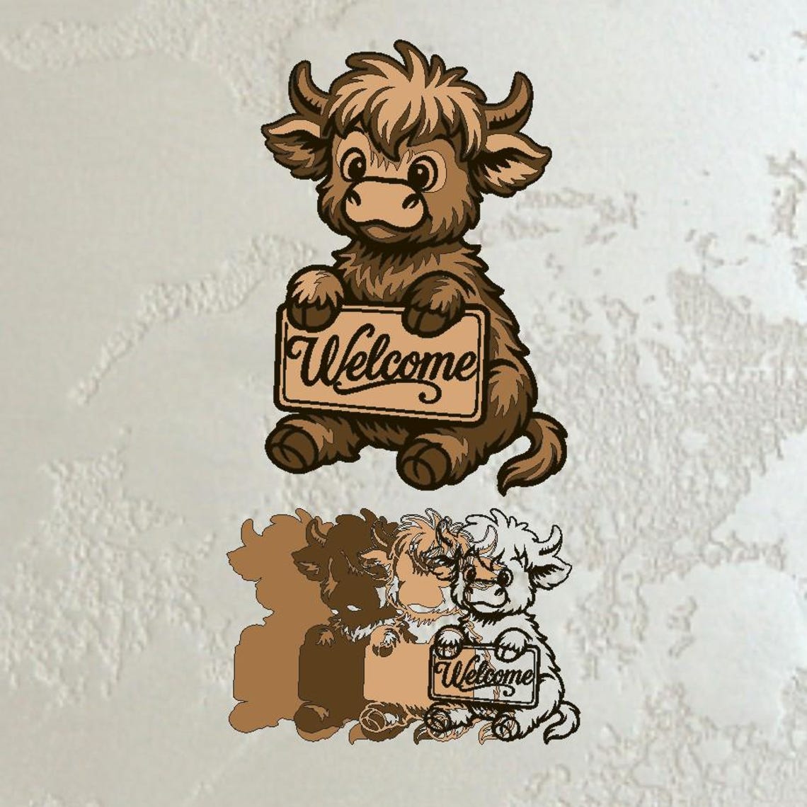 Layered Baby Highland Cow Welcome Sign 3D Svg Pdf Cdr Dxf File for ...
