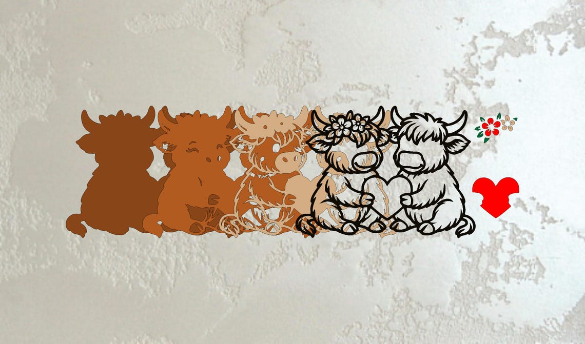 Multilayer Highland Cow Couple SVG, Cute Valentine Cows, Layered Farm ...