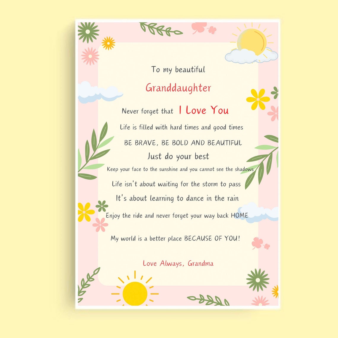 Granddaughter Poem Birthday Card to My Granddaughter Card Print ...