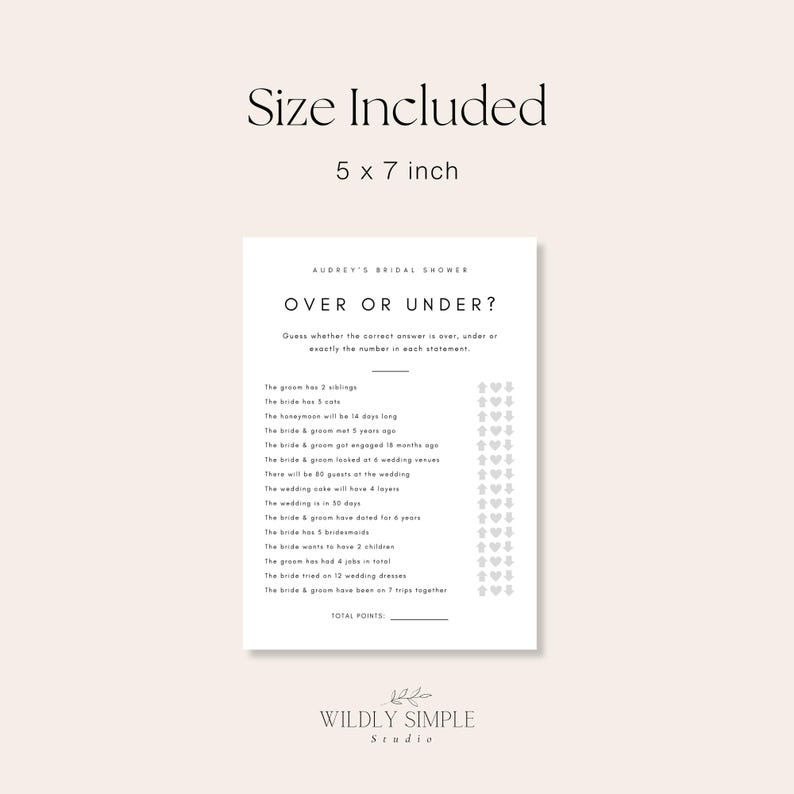 Over or Under Wedding Game, Fun Bridal Shower Activity, Printable ...