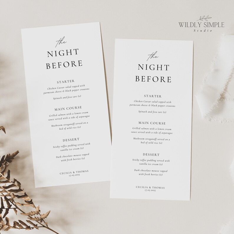Rehearsal Dinner Menu Template, the Night Before Setting Card, Elegant ...